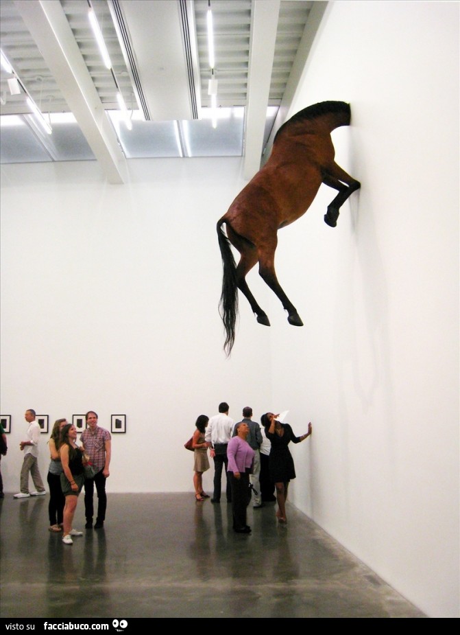 Arte moderna. Corpo di cavallo appeso con la testa dentro il muro ...